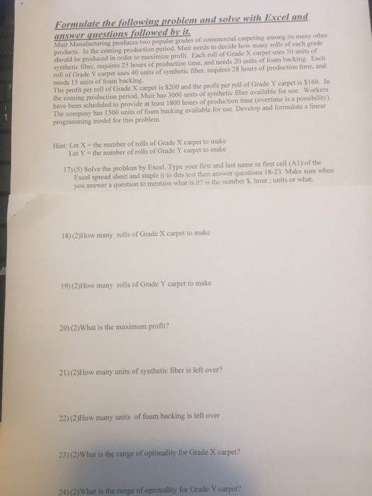 Formulate the following problem and solve with Excel | Chegg.com
