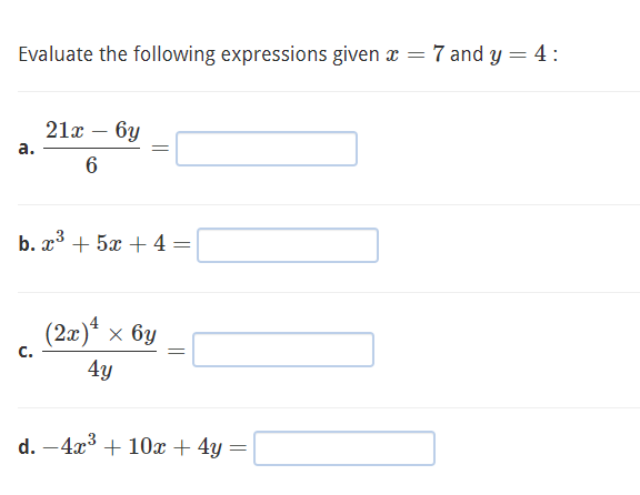 Solved Evaluate the following expressions given x=7 and y=4 | Chegg.com
