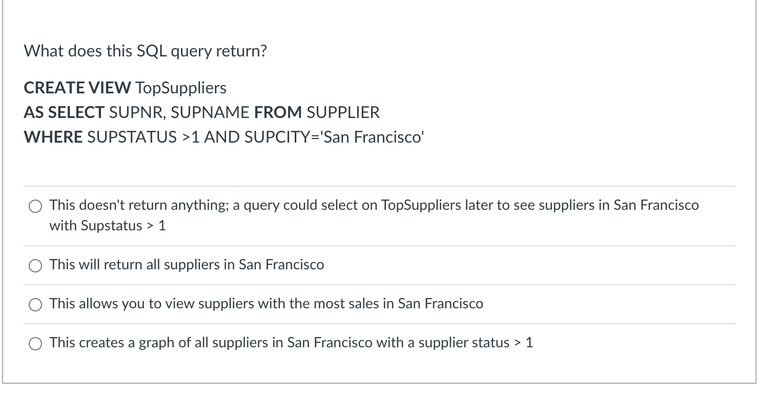 Solved What does this SQL query return? CREATE VIEW | Chegg.com