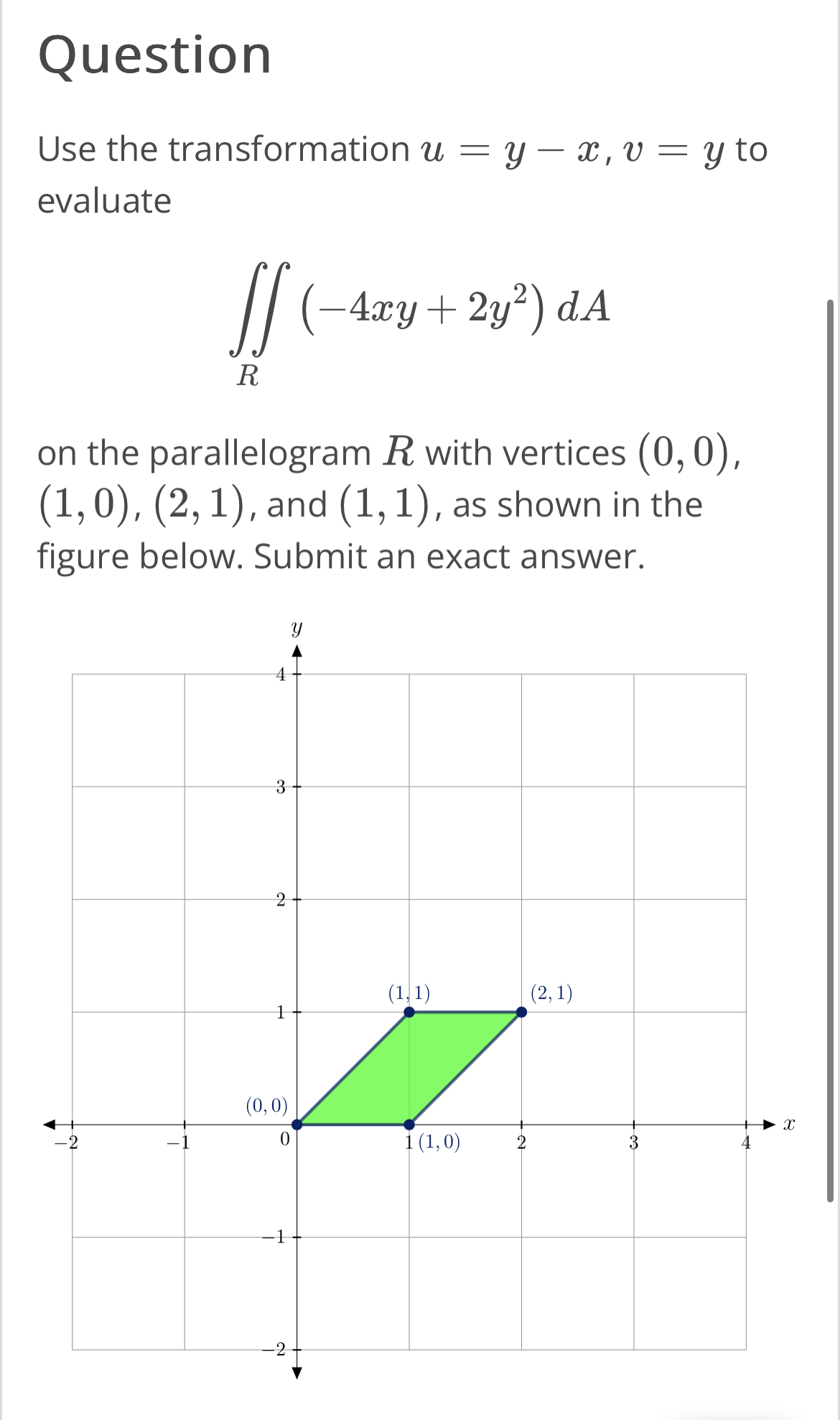 Solved Use the transformation u=y−x,v=y to evaluate | Chegg.com