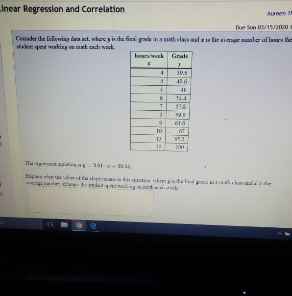 Solved Linear regression and Correlation Aureen TI Due Sun | Chegg.com