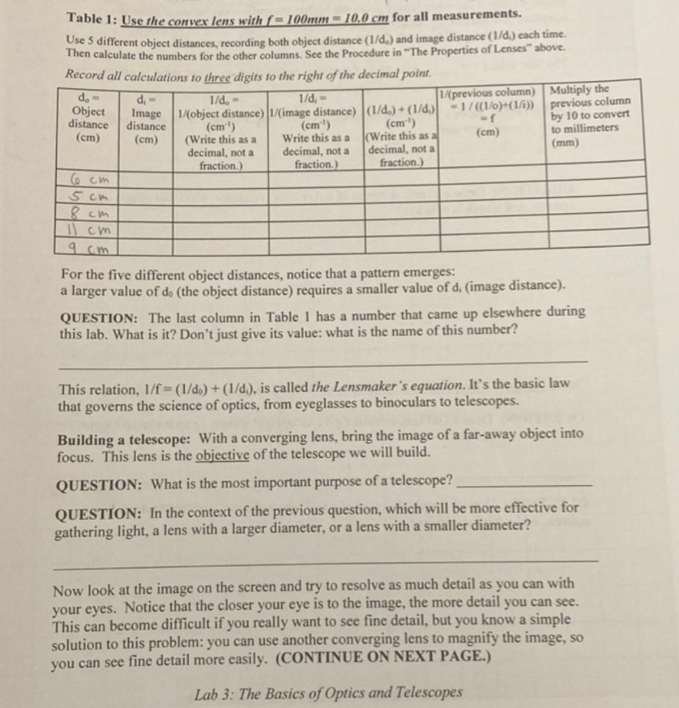 Solved Table 1: Use the convex lens with f=100 mm=10.0 cm | Chegg.com