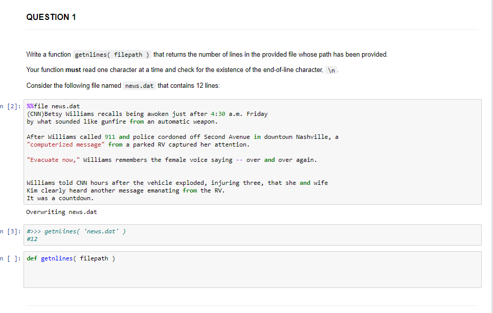 Solved QUESTION 1 Write a function getnlines( filepath ) | Chegg.com