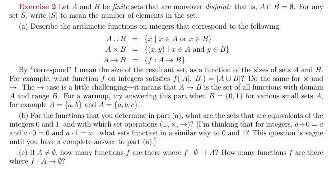 Solved Exercise 2 Let A and B be finite sets that are | Chegg.com