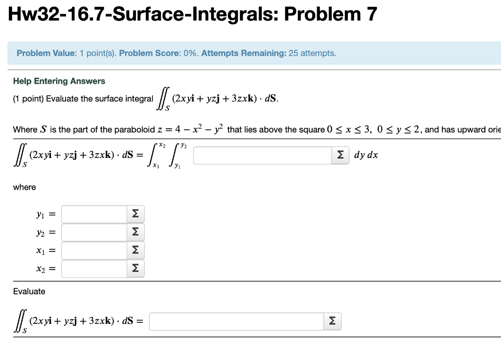 Solved Hw32-16.7-Surface-Integrals: Problem 7 Problem Value: | Chegg.com