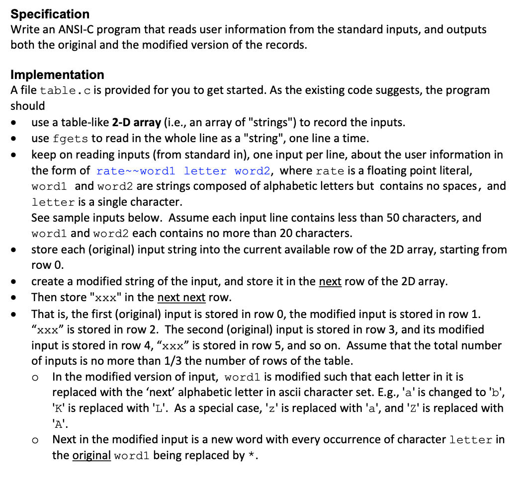 Specification Write an ANSI-C program that reads user | Chegg.com