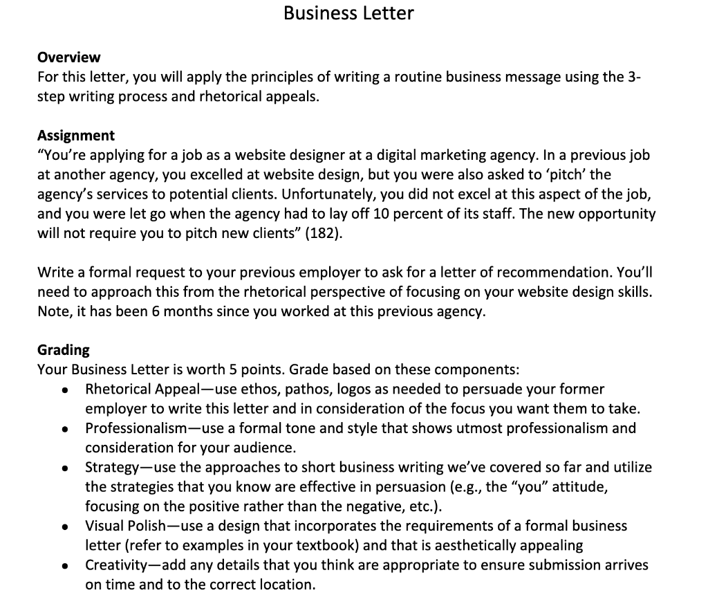 Solved Business Letter Overview For this letter, you will | Chegg.com