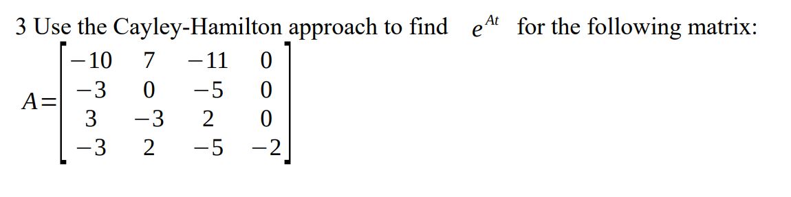 Solved 3 ﻿Use the Cayley-Hamilton approach to find eAt ﻿for | Chegg.com