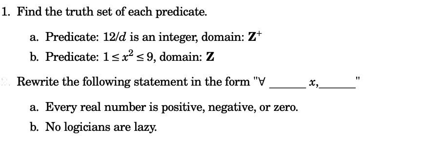 Solved 1. Find the truth set of each predicate. a. | Chegg.com