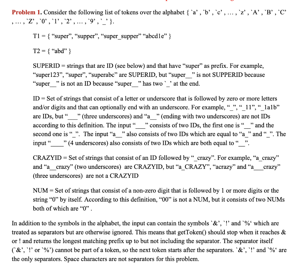 Solved Problem 1. Consider the following list of tokens over | Chegg.com