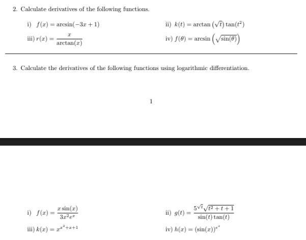Solved 2. Calculate derivatives of the following functions. | Chegg.com