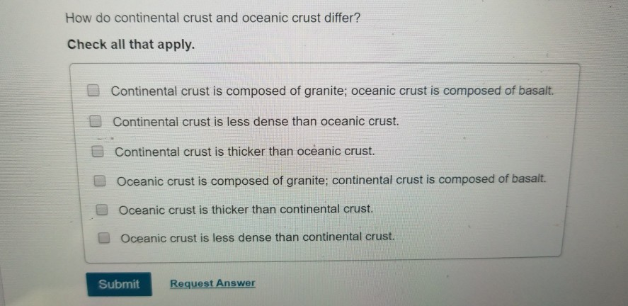 Solved How do continental crust and oceanic crust differ? | Chegg.com
