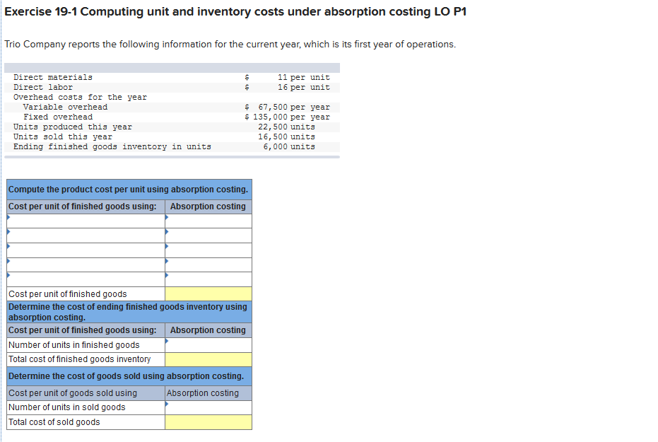 Solved Exercise 19-1 Computing unit and inventory costs | Chegg.com Solved Exercise 19-1 Computing unit and inventory costs | Chegg.com