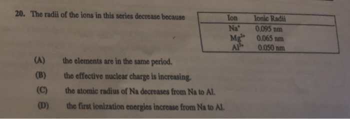 Solved 20. The radii of the ions in this series decrease | Chegg.com