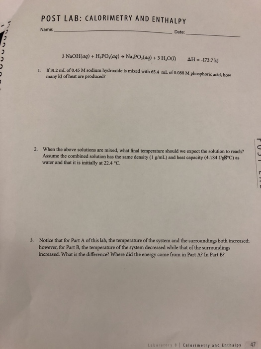 Solved POST LAB: CALORIMETRY AND ENTHALPY Name Date 3 | Chegg.com