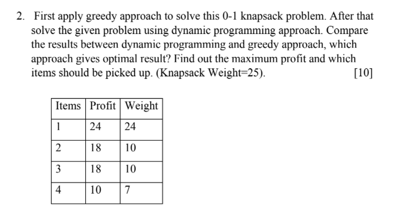 Solved 2. First apply greedy approach to solve this 0-1 | Chegg.com