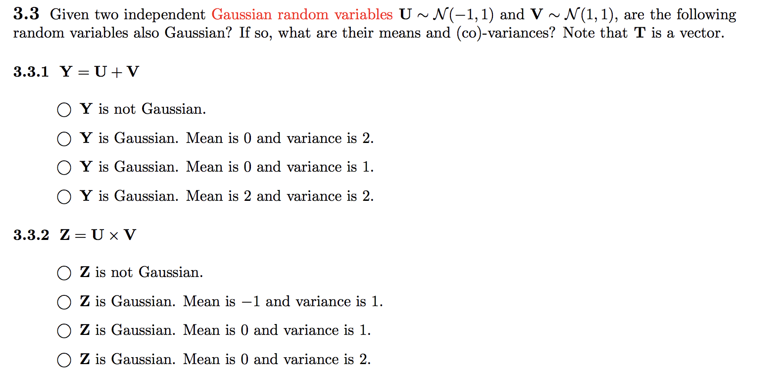 Solved 3.3 Given two independent Gaussian random variables U | Chegg.com