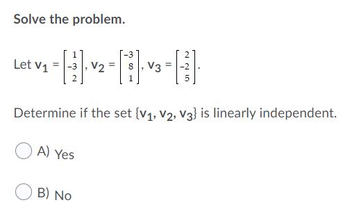 Solved Solve the problem. Let V1 = -3, V2 S, V3 -11) | Chegg.com