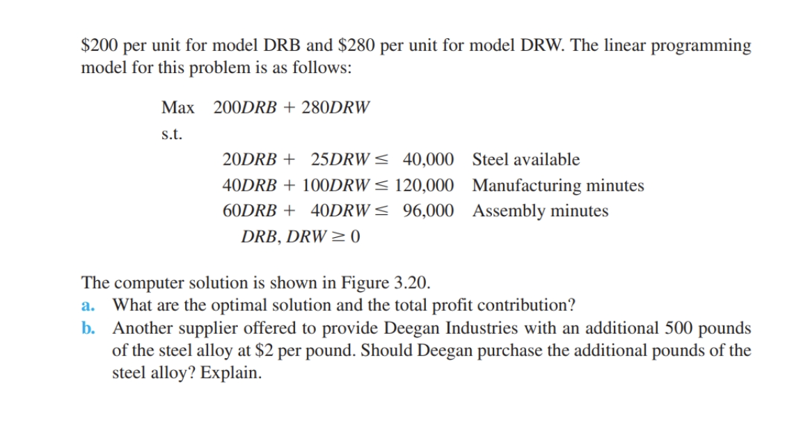 Solved $200 per unit for model DRB and \$280 per unit for | Chegg.com