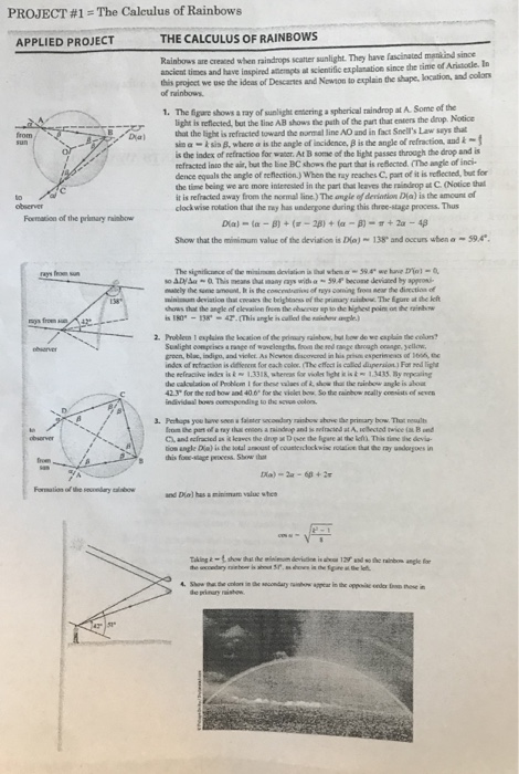 Solved PROJECT #1-The Calculus of Rainbows APPLIED PROJECT | Chegg.com
