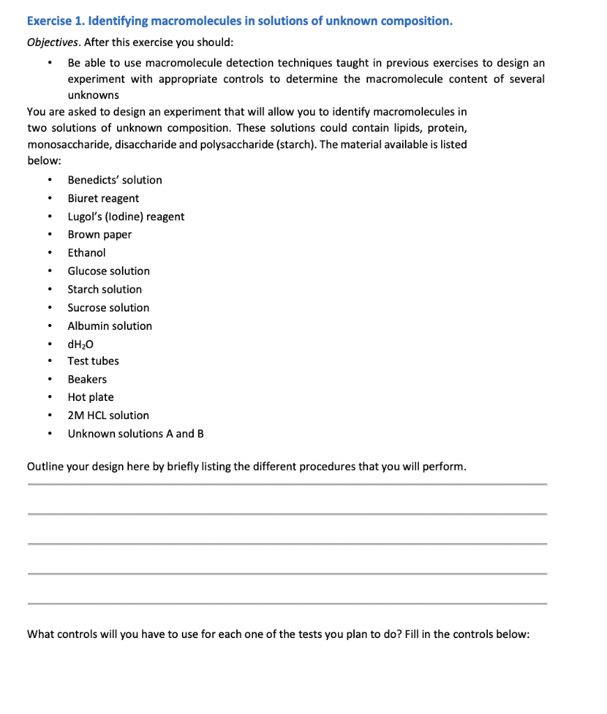 Solved Exercise 1. Identifying macromolecules in solutions | Chegg.com