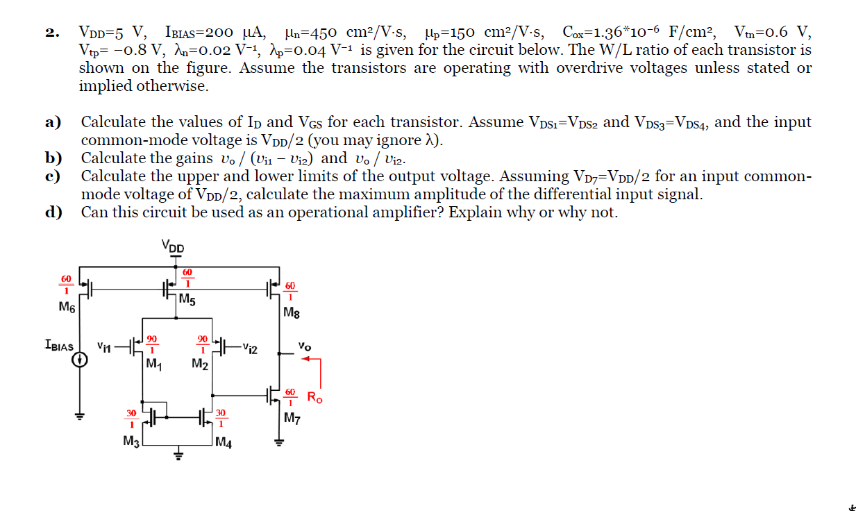 2. VDD=5 V, IBIAS=200 UA, Un=450 cm2/V-s, Up=150 | Chegg.com