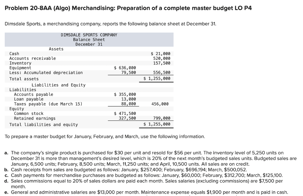 Solved Problem 20-8AA (Algo) Merchandising: Preparation of a | Chegg.com