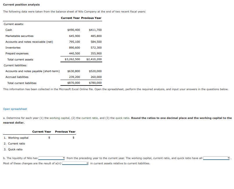 Solved Current position analysis The following data were | Chegg.com