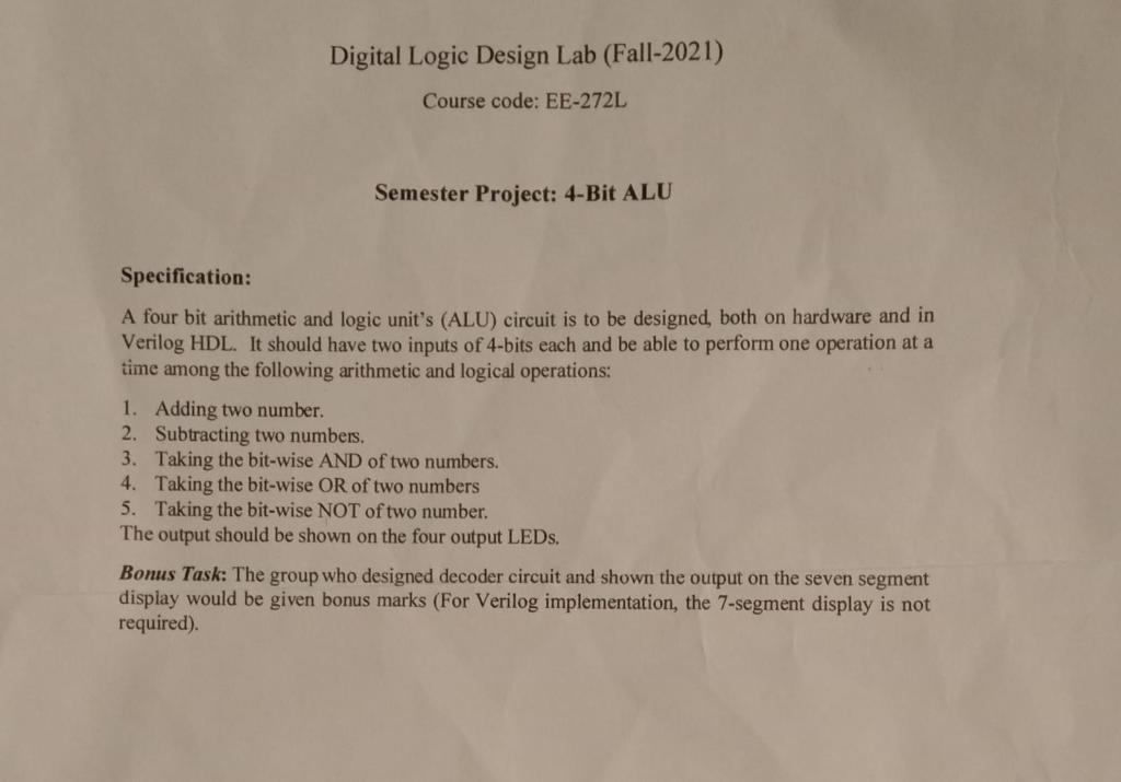 Digital Logic Design Lab (Fall-2021) Course code: | Chegg.com