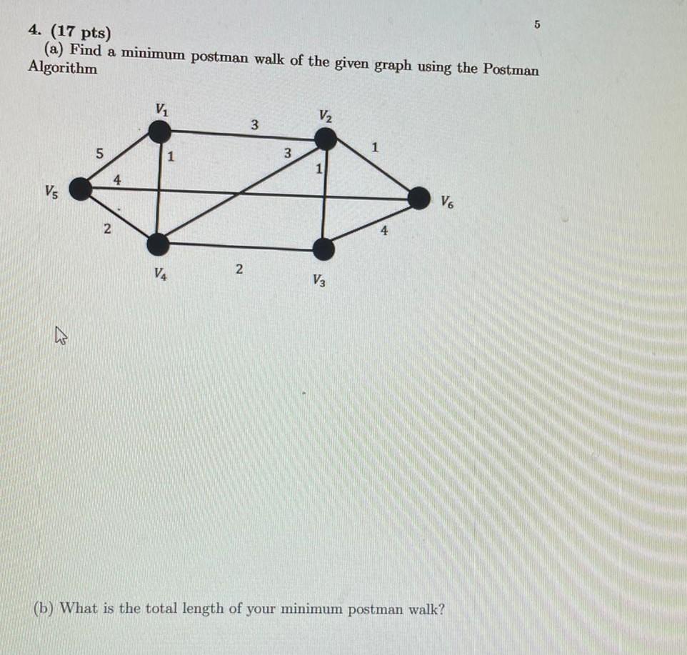 Solved 5 4. (17 pts) (a) Find a minimum postman walk of the | Chegg.com