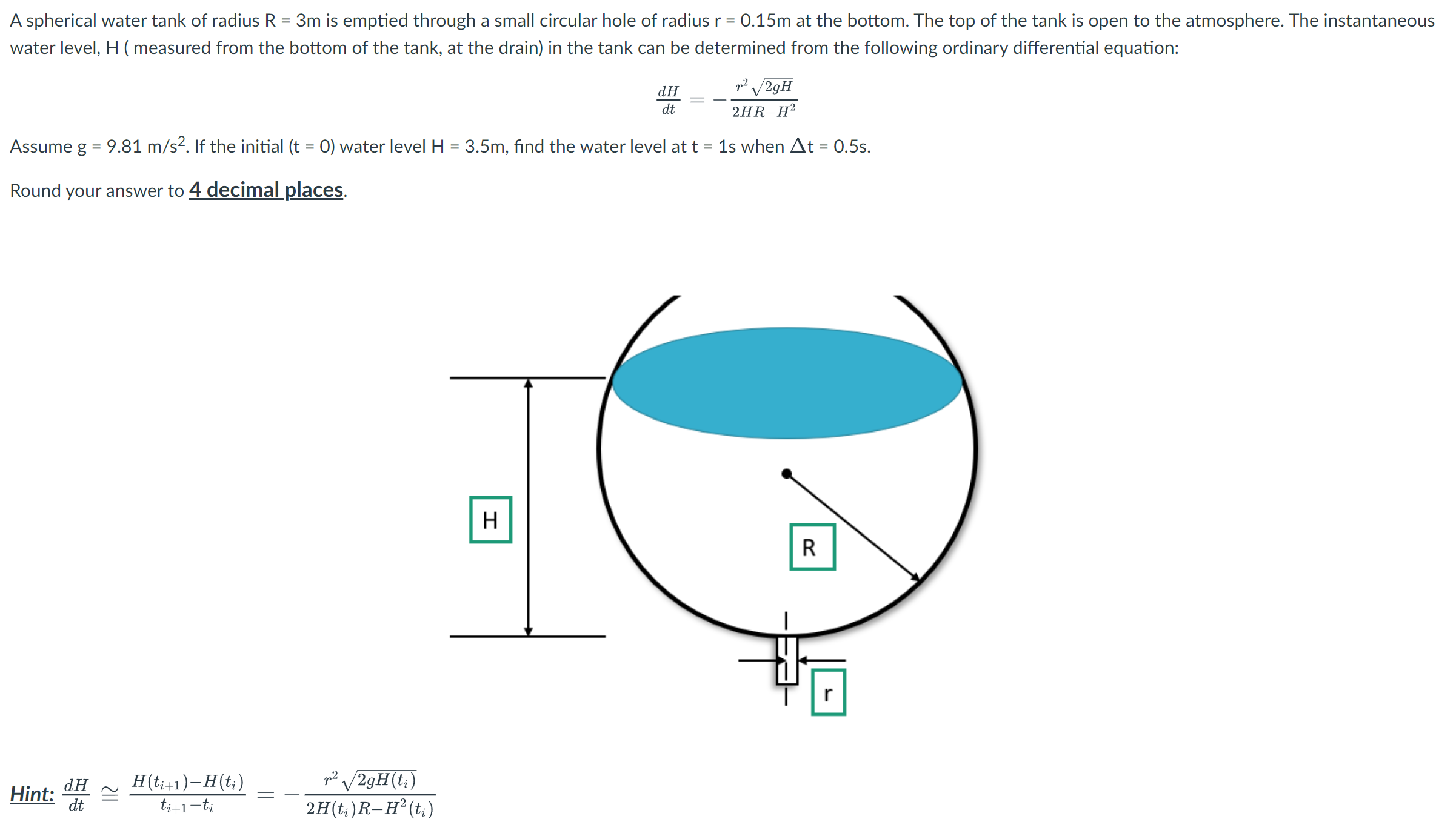 Solved A spherical water tank of radius R=3m ﻿is emptied | Chegg.com