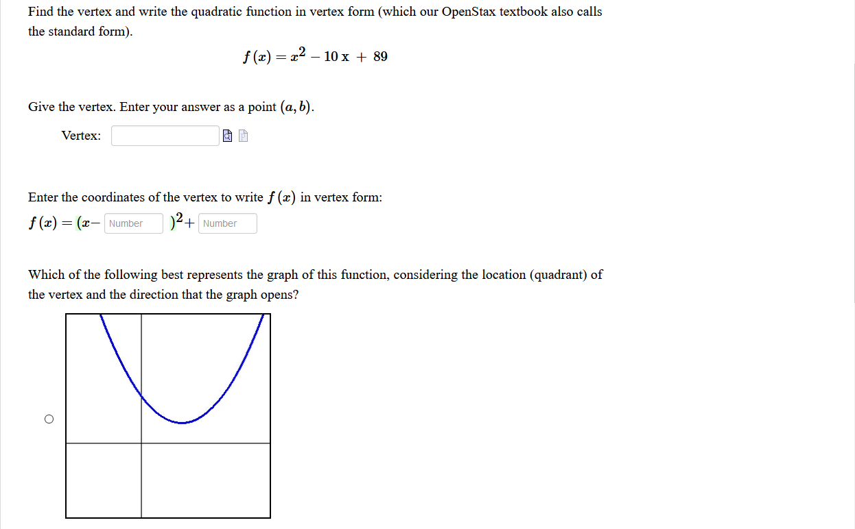 Solved Find the vertex and write the quadratic function in | Chegg.com