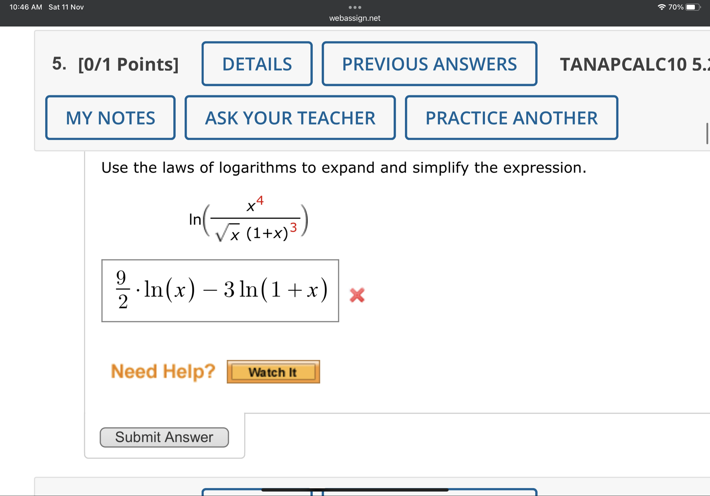 Solved Use the laws of logarithms to expand and simplify the | Chegg.com