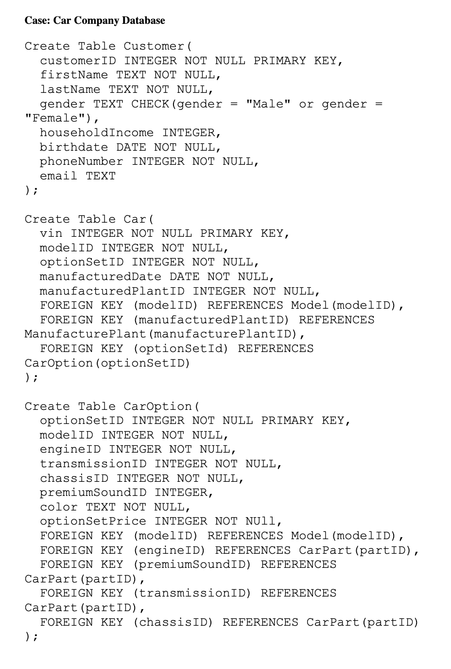 Case: Car Company Database = Create Table Customer | Chegg.com