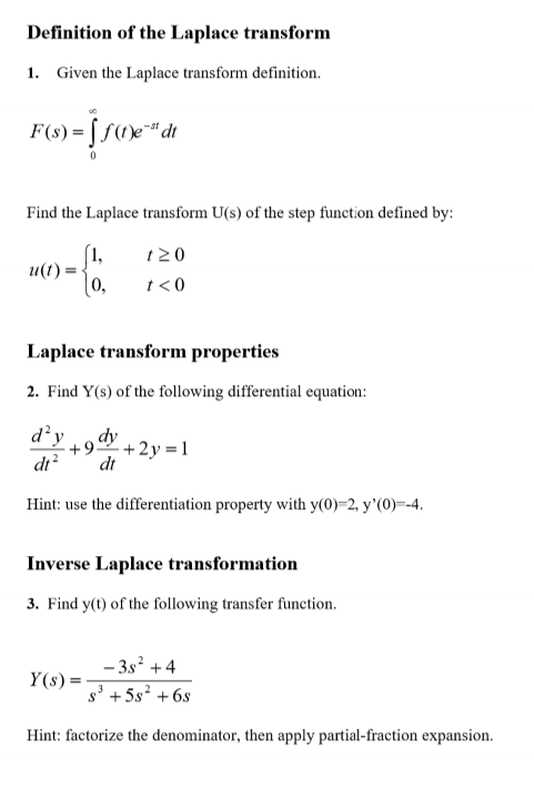 Solved Definition of the Laplace transform 1. Given the | Chegg.com