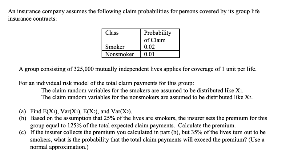 An insurance company assumes the following claim | Chegg.com