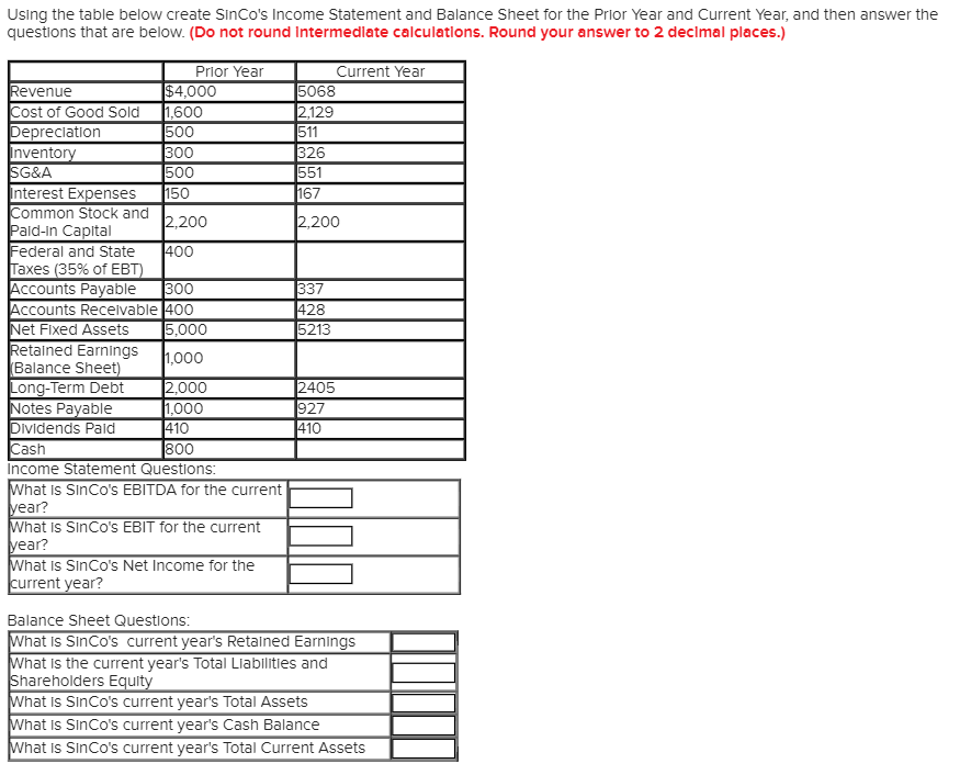 Solved Using the table below create SinCo's Income Statement | Chegg.com