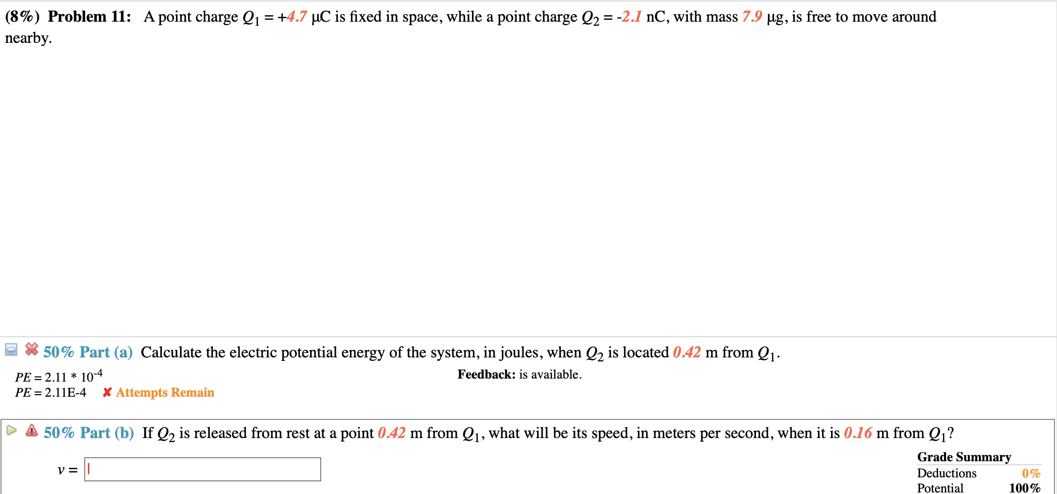 Solved (8%) Problem 11: A point charge Q1 = +4.7 uC is fixed | Chegg.com