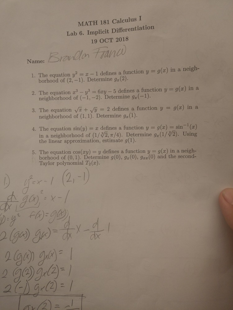 Solved MATH 181 Calculus I Lab 6. Implicit Differentiation | Chegg.com