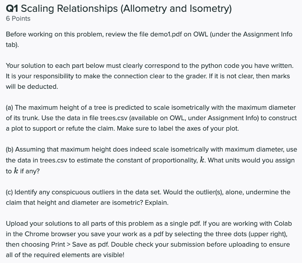 Q1 Scaling Relationships (Allometry and Isometry) 6 | Chegg.com