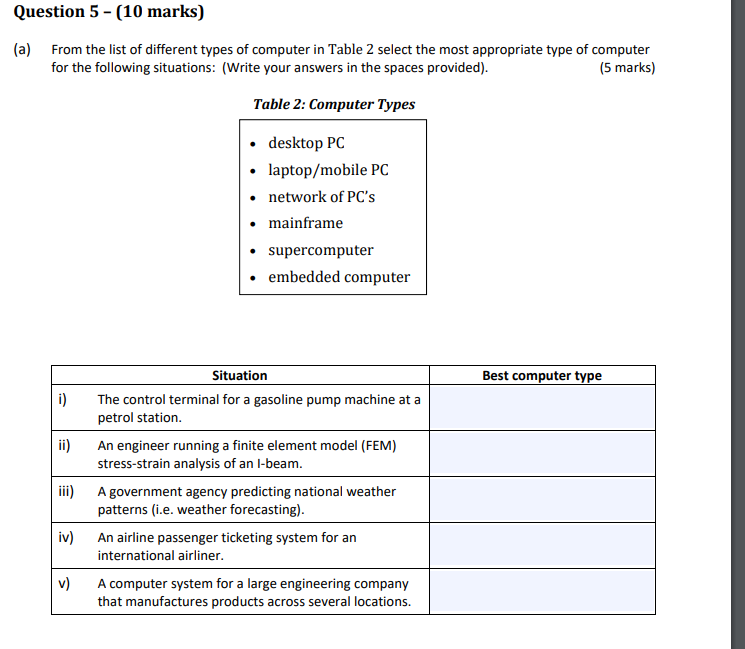 Solved Question 5 - (10 marks) (a) From the list of | Chegg.com
