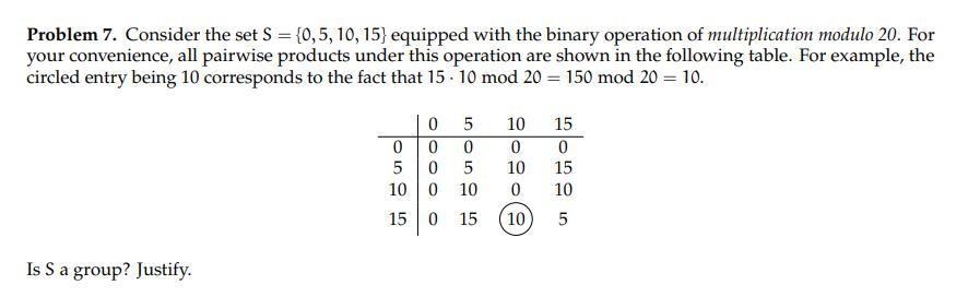 Solved Problem 7. Consider the set S={0,5,10,15} equipped | Chegg.com