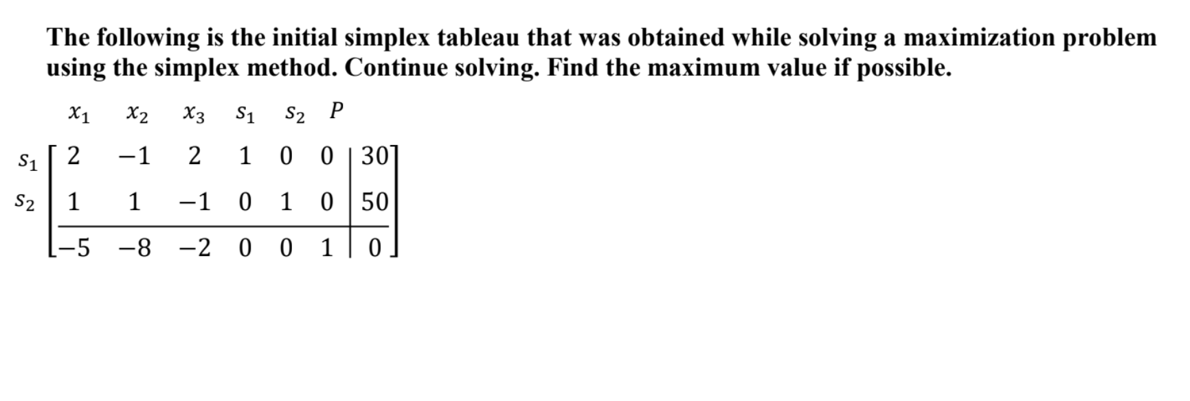 Solved The following is the initial simplex tableau that was | Chegg.com