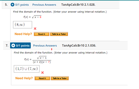 Solved 5. 0/1 points Previous Answers TanApCalcBr10 2.1.028. | Chegg.com