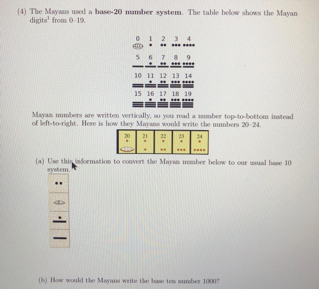 Solved (4) The Mayans used a base-20 number system. The | Chegg.com