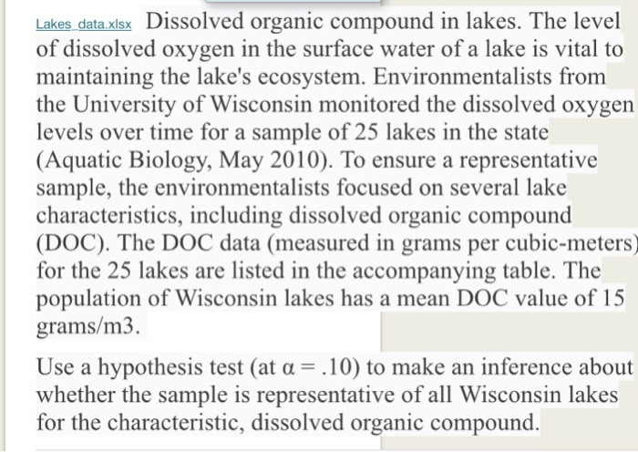 Solved Lakes data xisx Dissolved organic compound in lakes. | Chegg.com