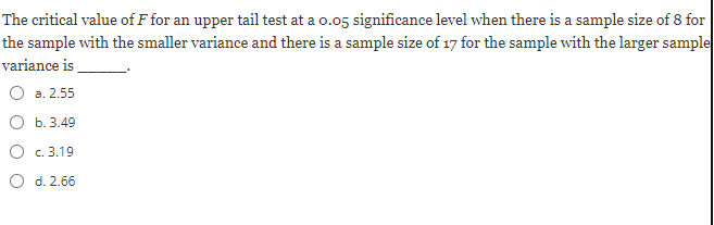 Solved The Critical Value Of F For An Upper Tail Test At A