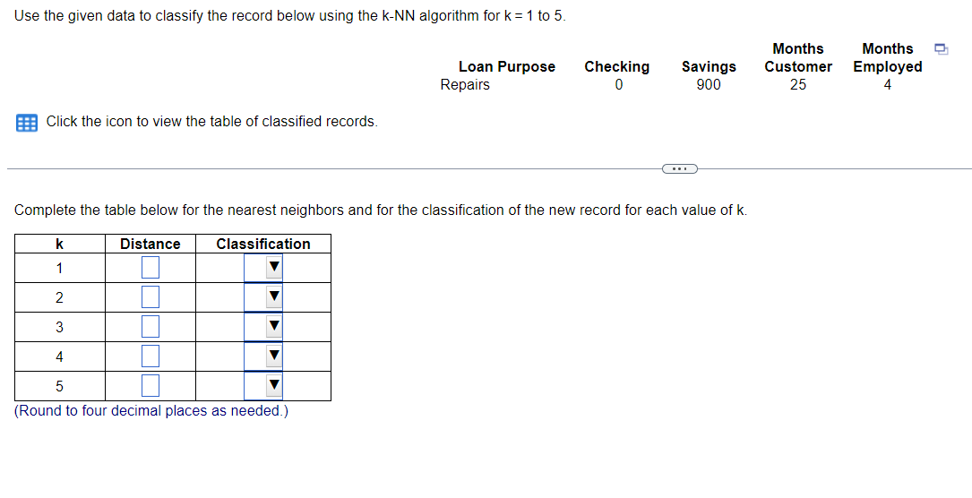 Solved Use the given data to classify the record below using | Chegg.com