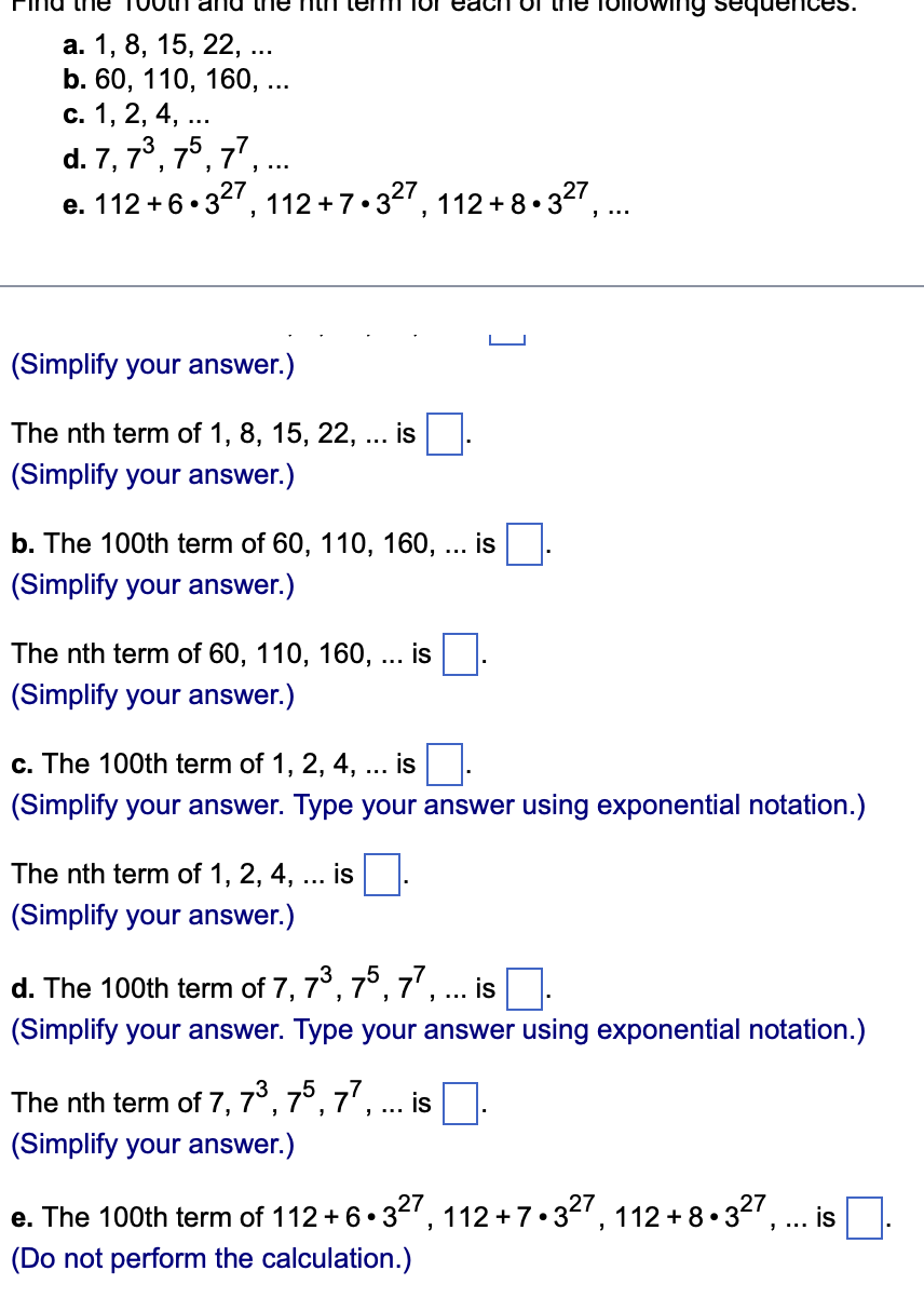 Solved a. 1,8,15,22,… b. 60,110,160,… c. 1,2,4,… d. | Chegg.com