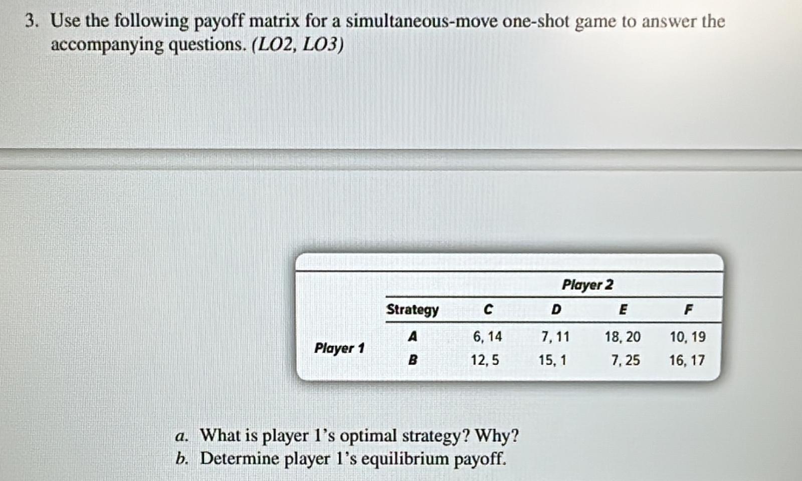 Solved 3. Use the following payoff matrix for a | Chegg.com